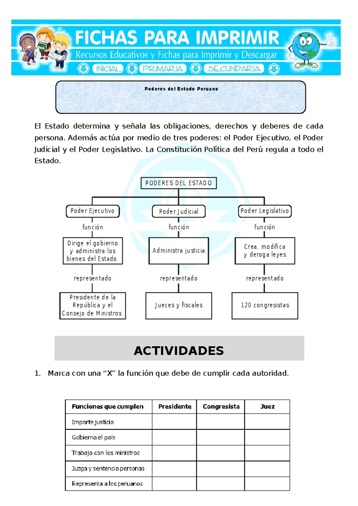 Poderes del Estado Peruano para Cuarto de Primaria - Actividades - Studocu