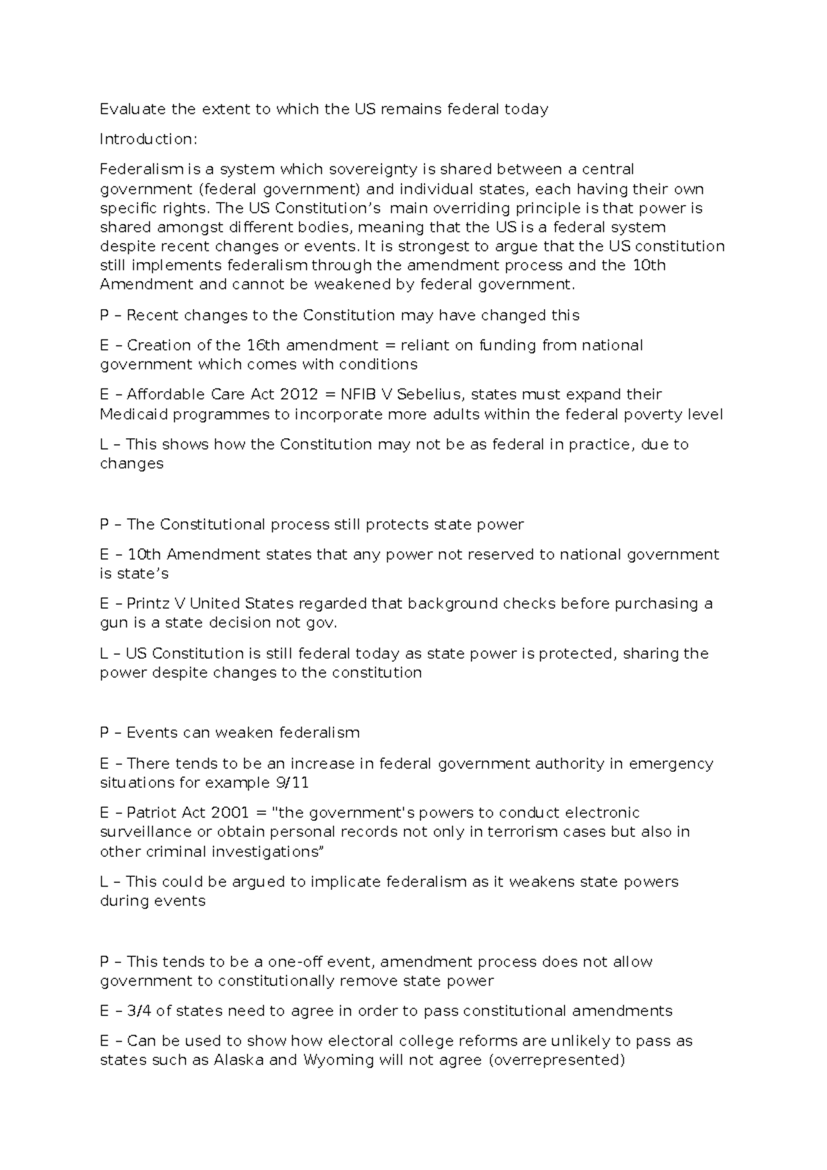 US Constitution (Federalism) Analysis: Current Status & Dynamics - Studocu