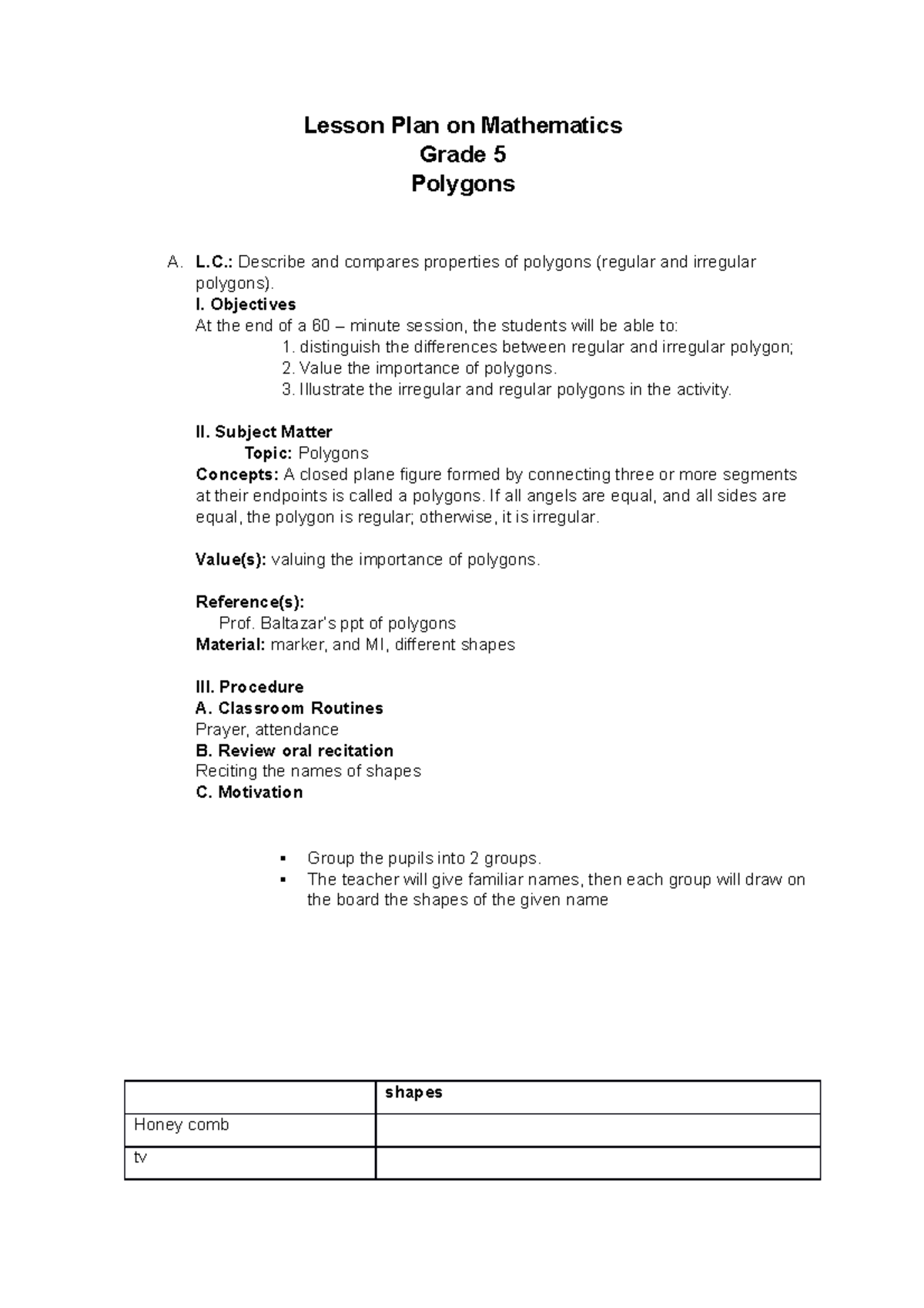 Lesson Plan on Mathematics - Lesson Plan on Mathematics Grade 5 ...