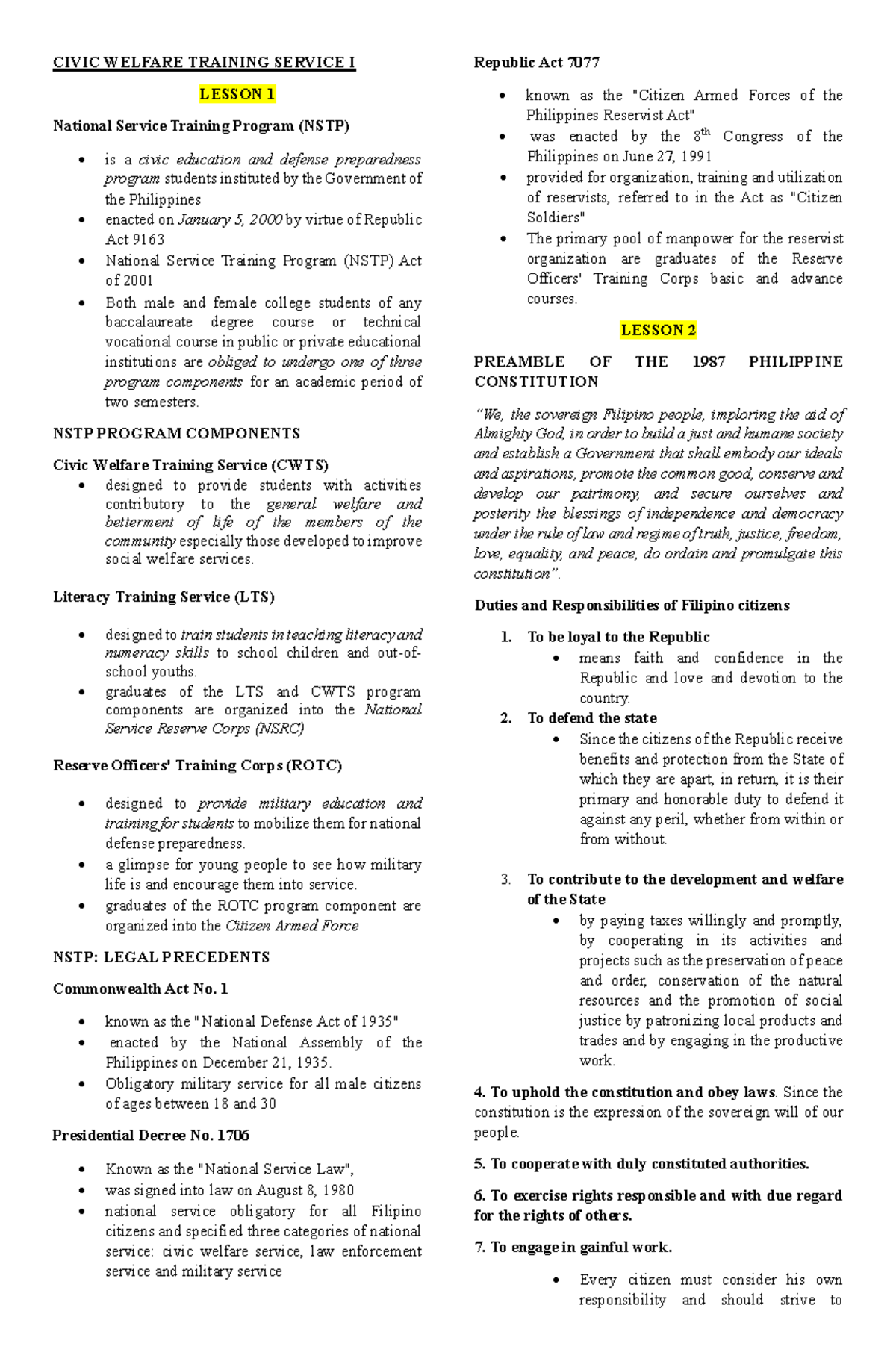 CWTS 101: Midterm Handout for Civic Welfare Training Service - Studocu