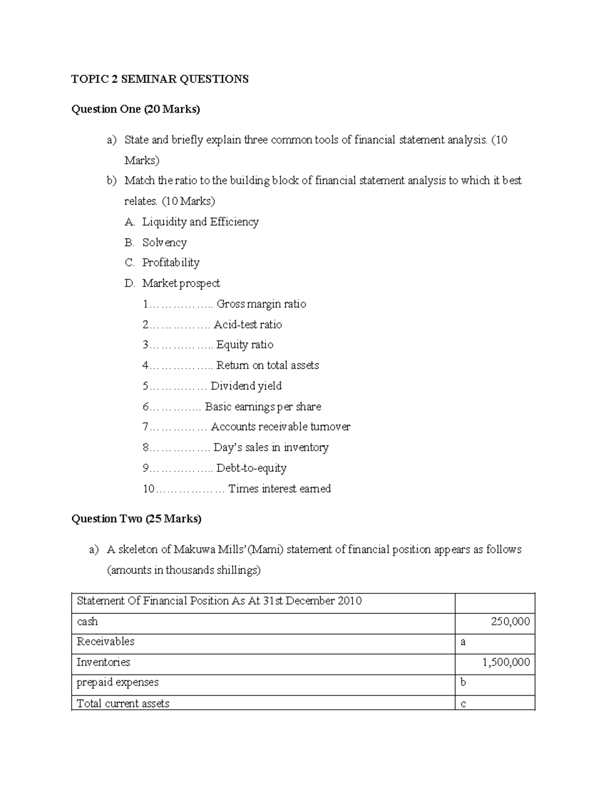 Topic 2 Seminar Questions: Financial Statement Analysis (2025-2026 ...