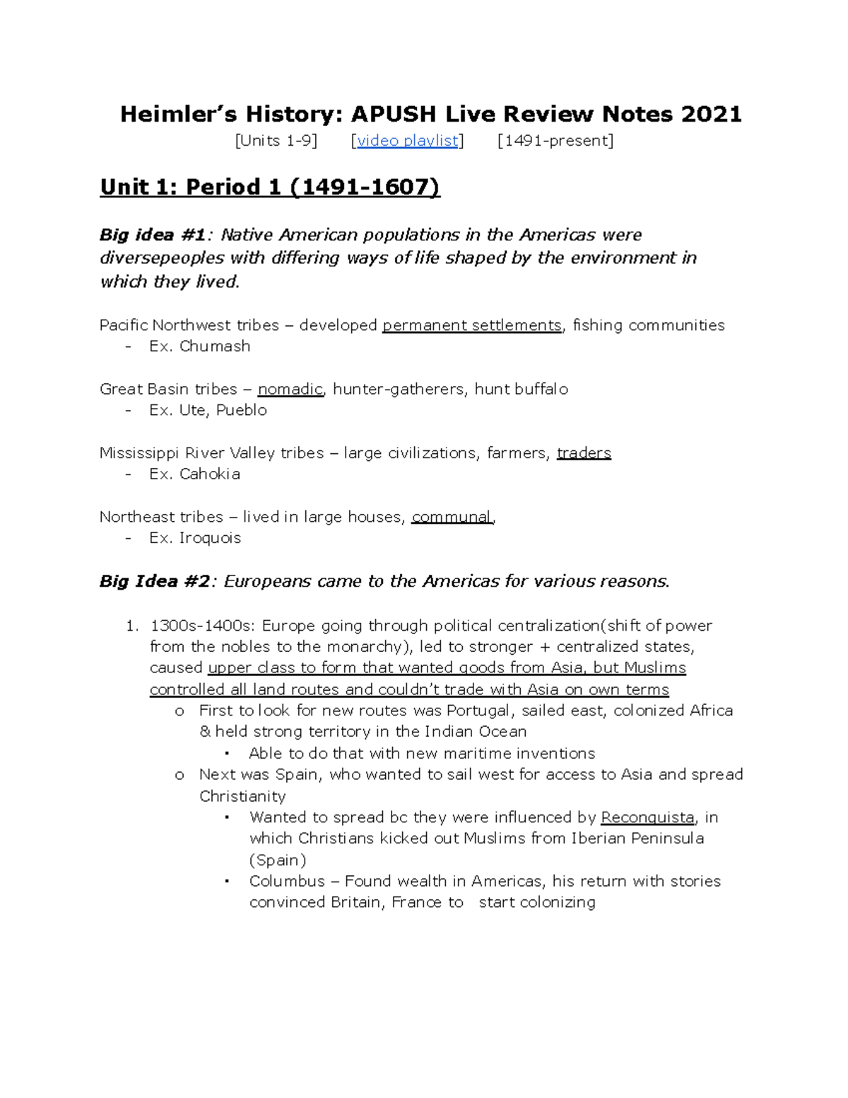 Heimler's History: APUSH Live Review Notes 2021 (Units 1-9) - Studocu