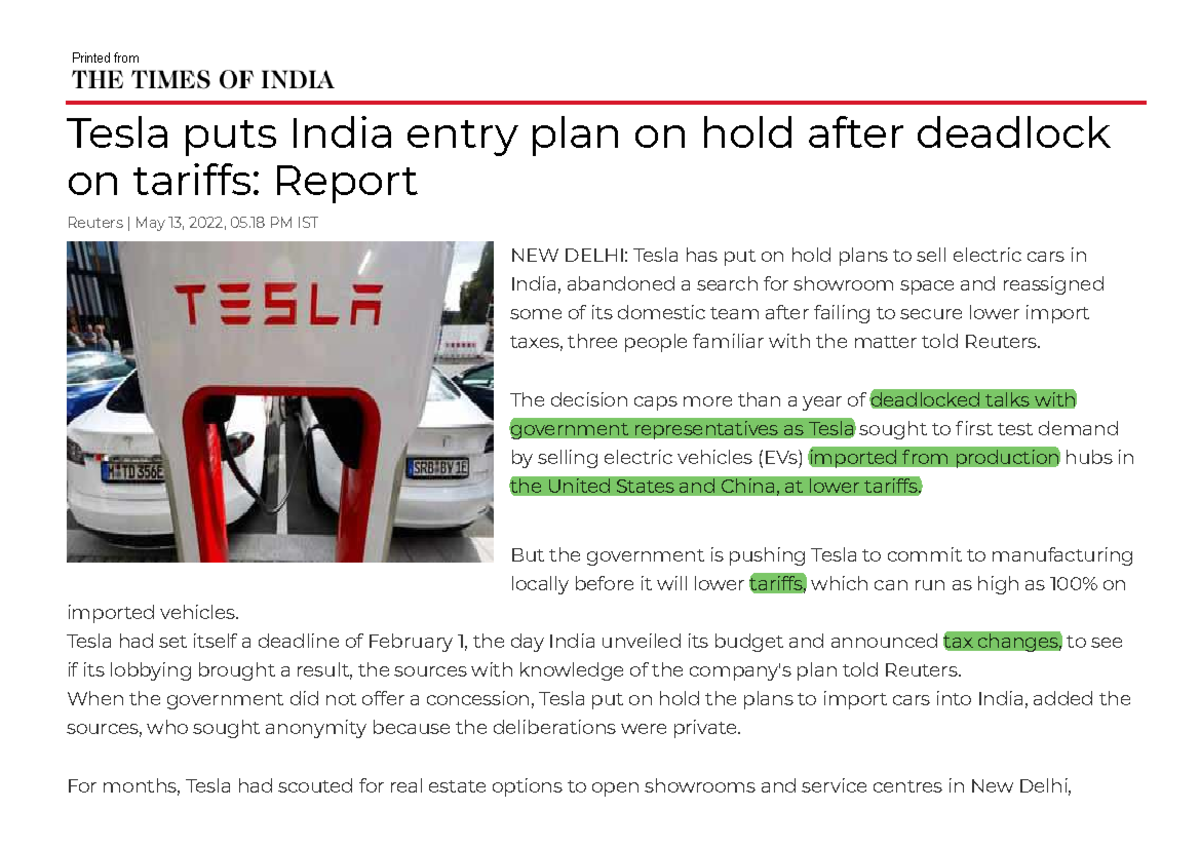 Tesla's India Entry Delayed: Tariff Deadlock Report - Times of India ...