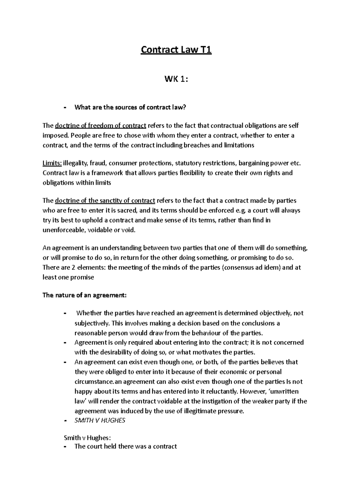 Contract Law T1 - notes - Contract Law T WK 1: - What are the sources ...