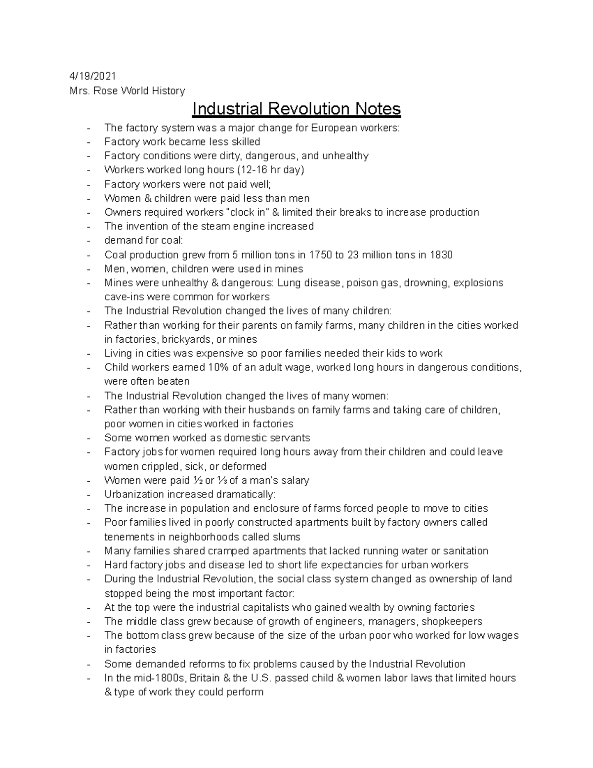 Ind. Rev. Impact, Notes - 4/19/ Mrs. Rose World History Industrial ...