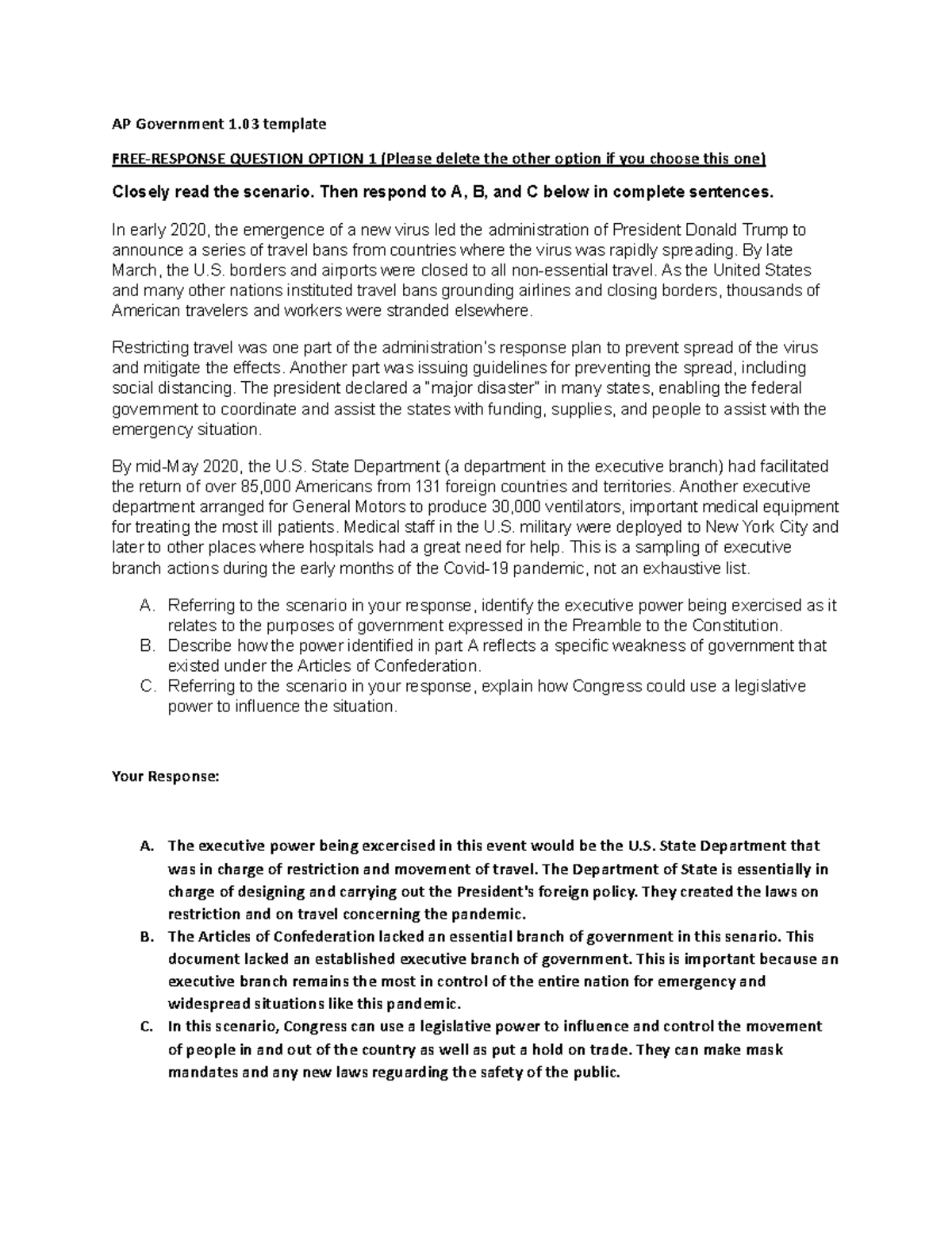 AP Gov 1.03 FRQ: Executive Power & Government Response to COVID-19 ...