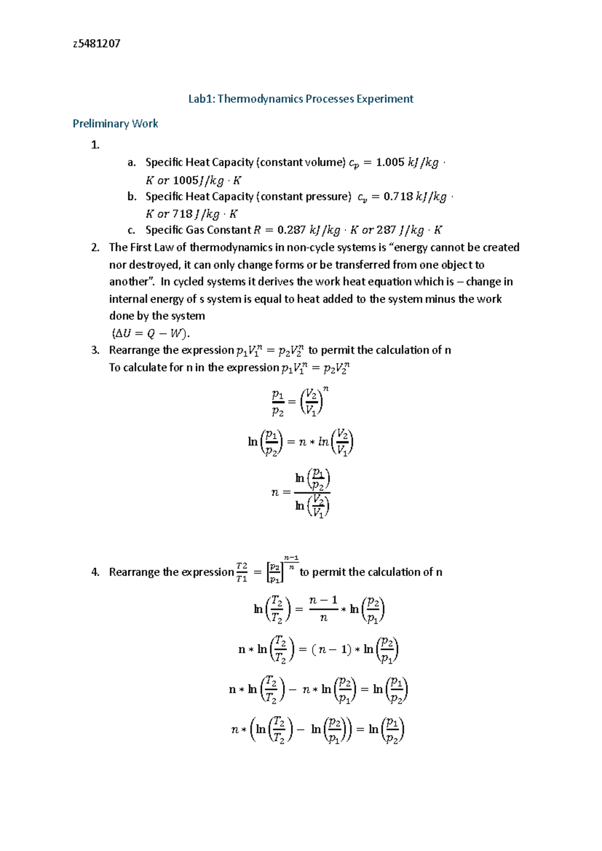 z5481207 Lab 1: Thermodynamics Processes Experiment Notes - Studocu
