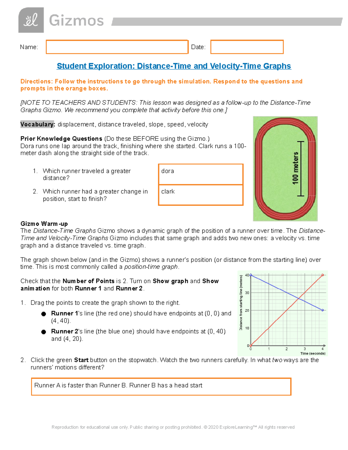 Distance-Time & Velocity-Time Graphs Metric - Name: Date: Student ...