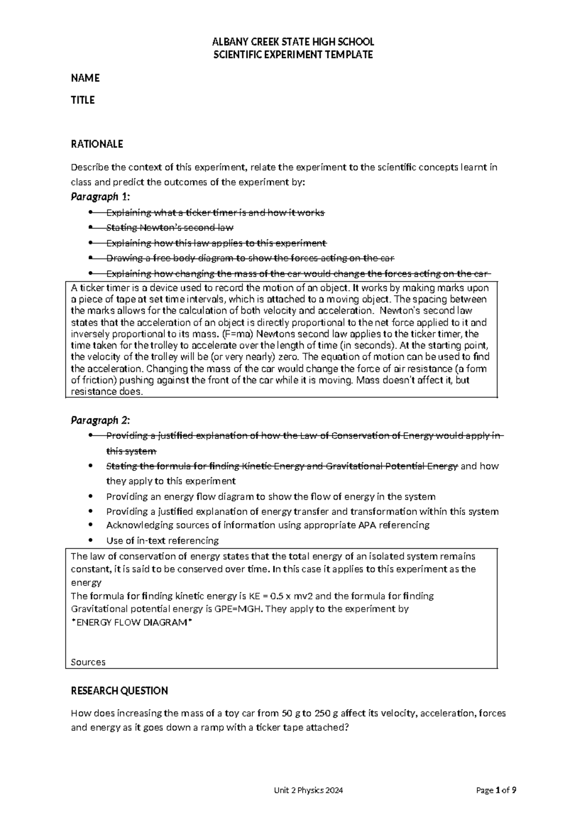 Unit 2 Physics 2024: Scientific Experiment on Ticker Timer and Energy ...