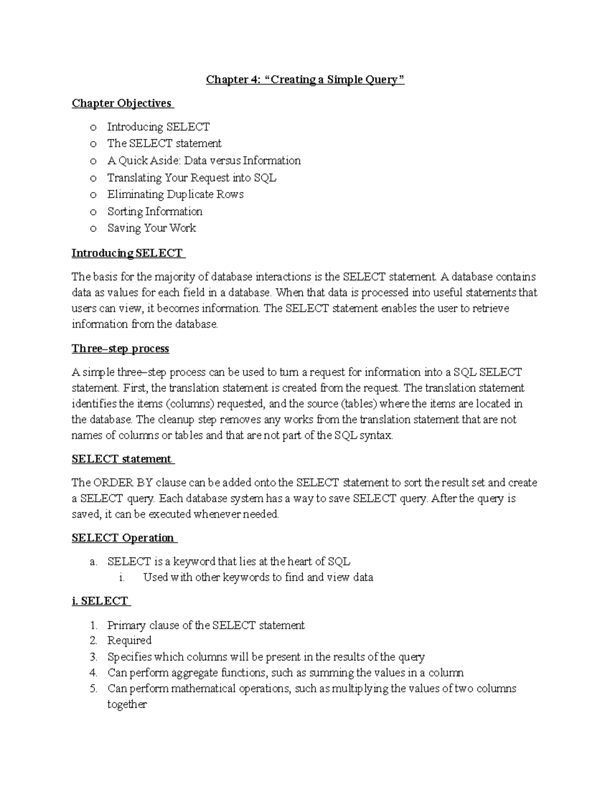 DATA 3250 Chapter 4: Understanding the SELECT Statement in SQL - Studocu