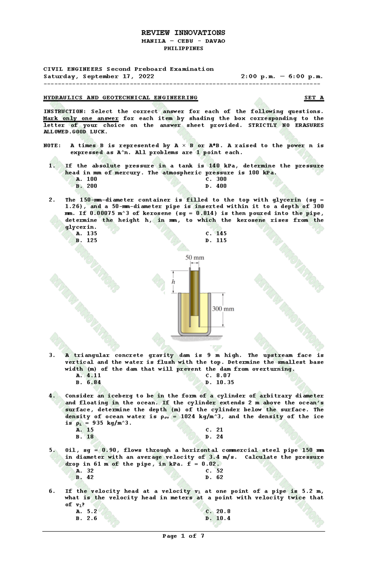 Civil Engineers HGE 2nd Preboard Exam Review: Hydraulics & Geotech - Studocu