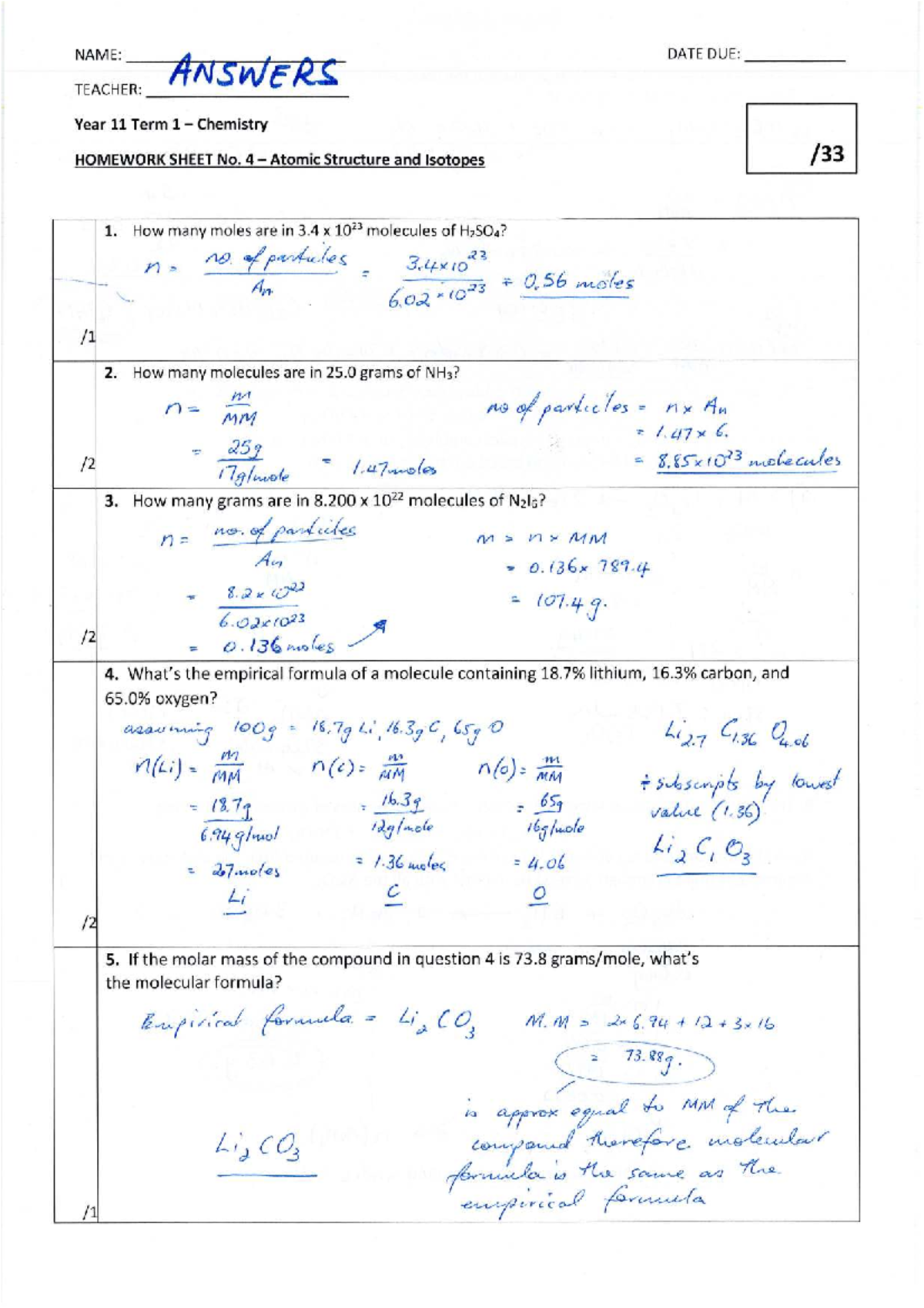 Year 11 Term 1 Chemistry Homework Sheet No. 4: Moles & Atomic Structure ...