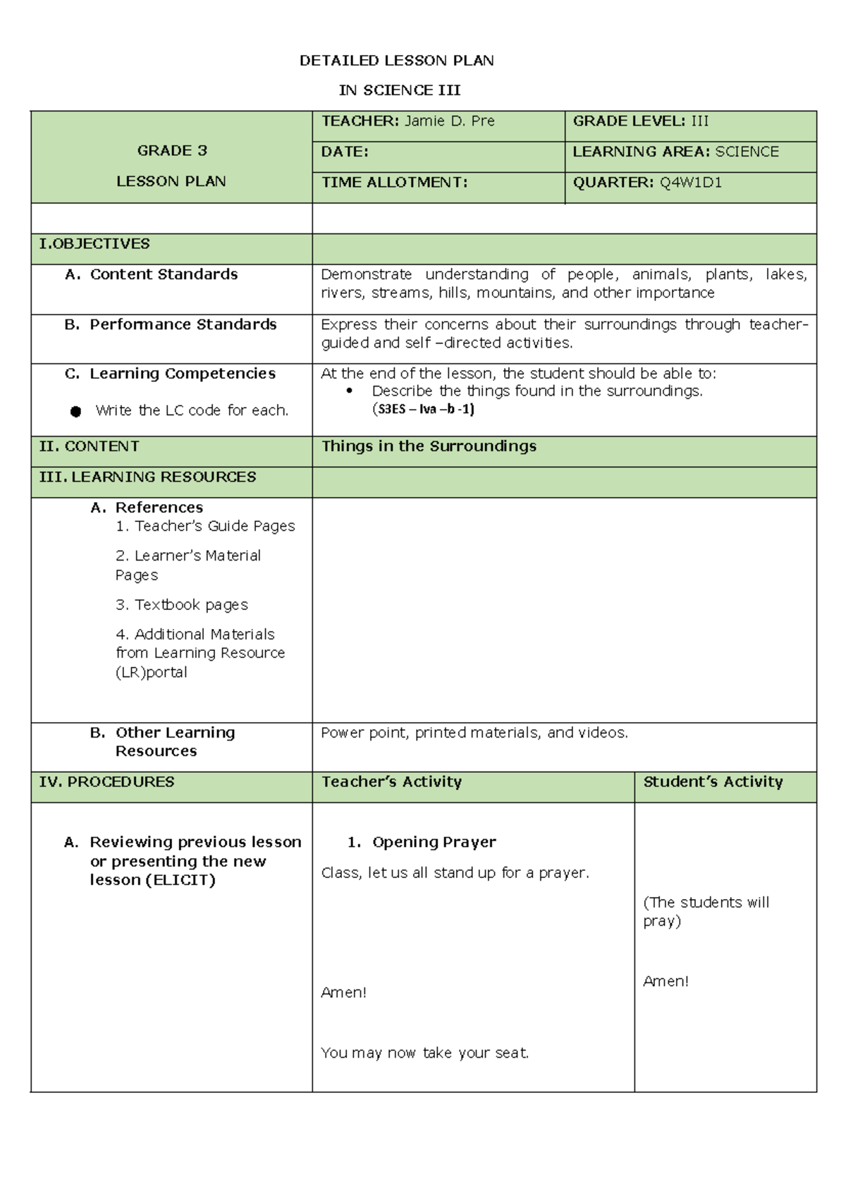 G3 Science Q4W1 - Detailed Lesson Plan on Surroundings - Studocu