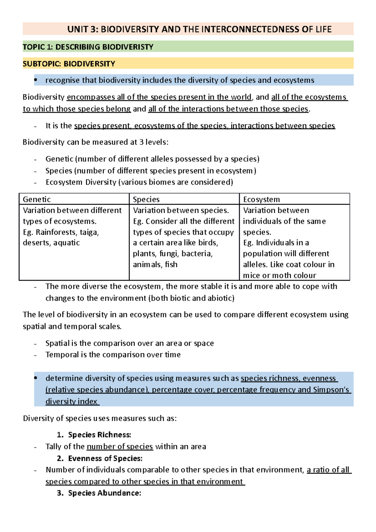 Biology Unit 3: Biodiversity & Ecosystem Dynamics Notes - Studocu