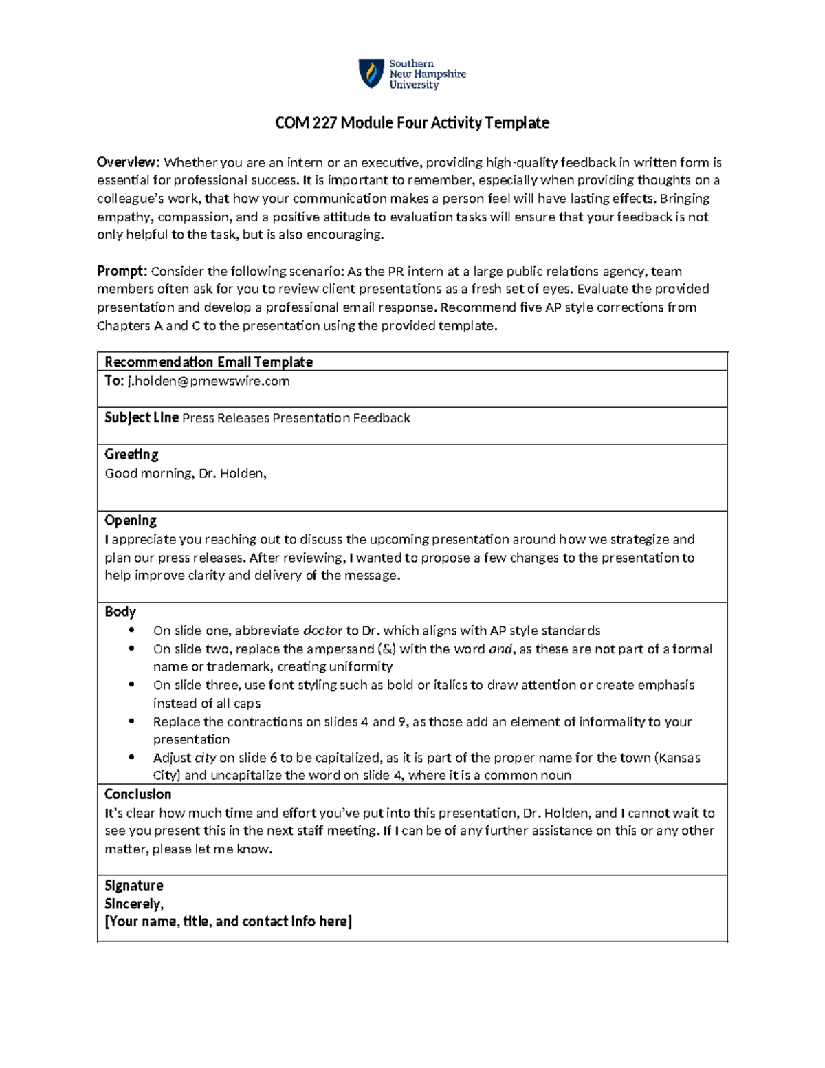 COM 227 Module Four Email Template: Feedback on Presentation - Studocu