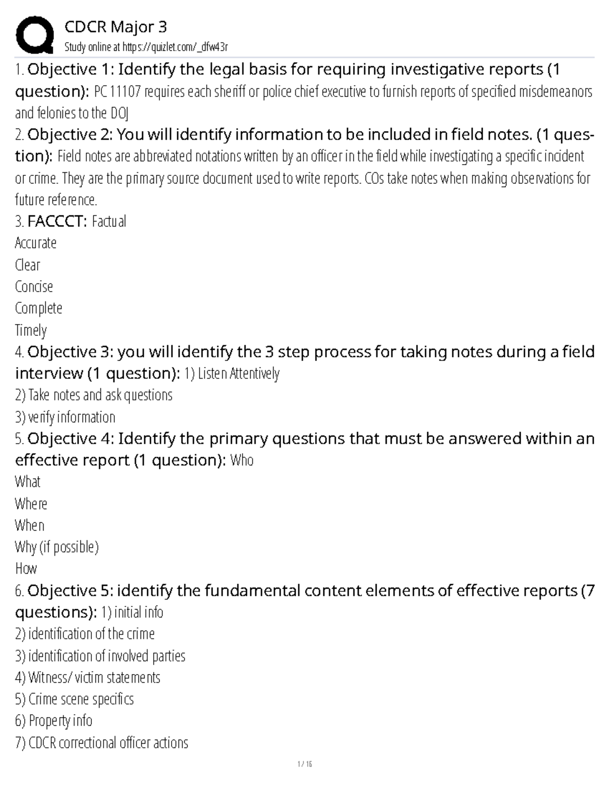CDCR Major 3 Study Guide: Key Objectives and Procedures - Studocu
