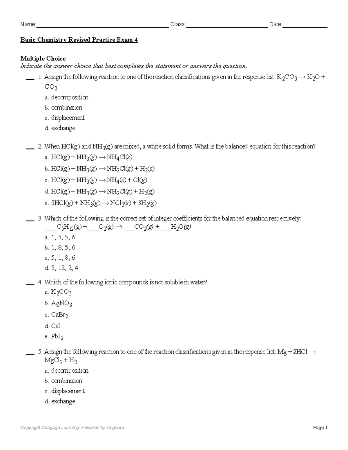 Basic Chemistry Practice Exam 4 with Solutions and Answer Key ...