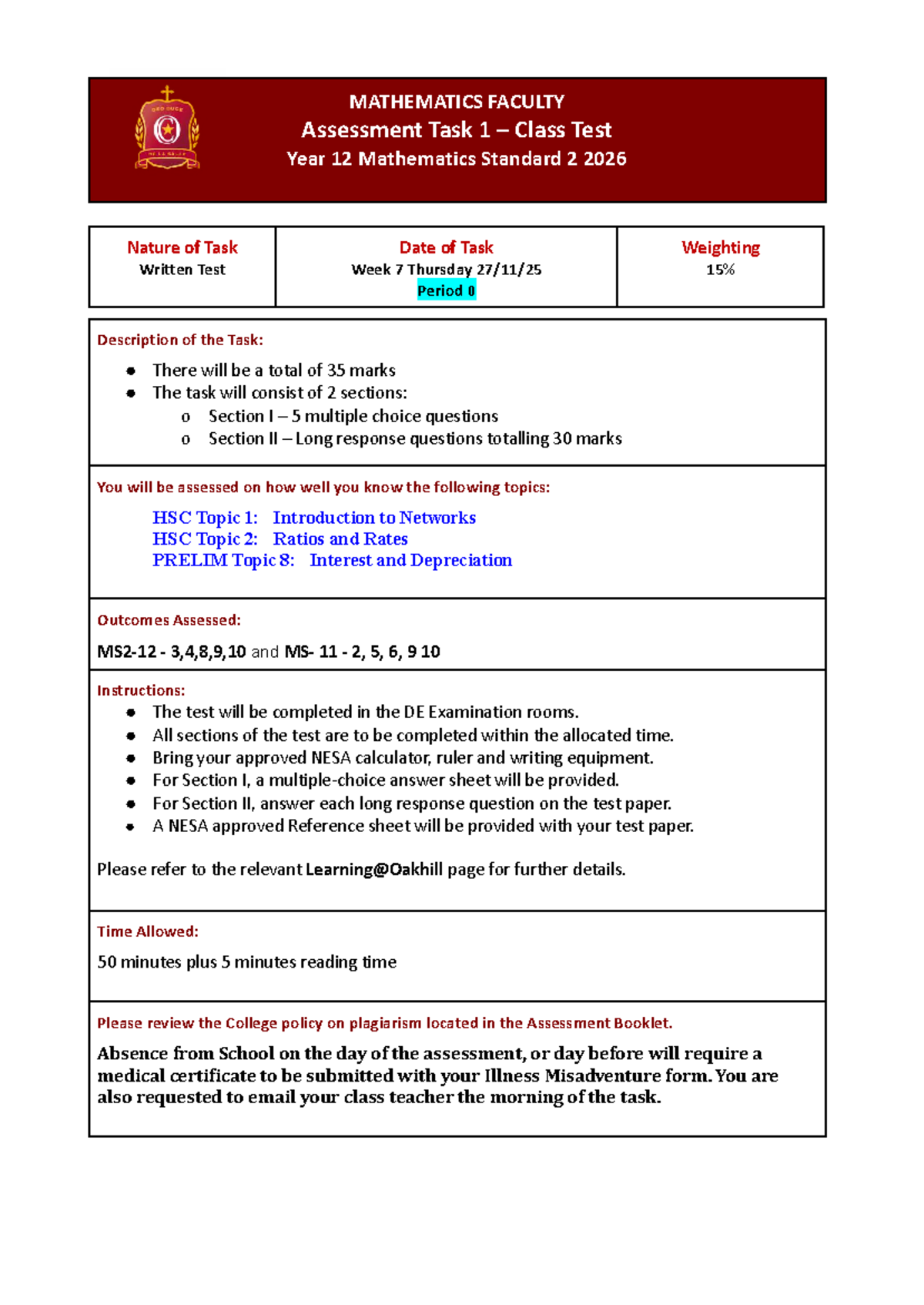 12MS2 T1 Class Test 2026: Year 12 Math Assessment Details - Studocu