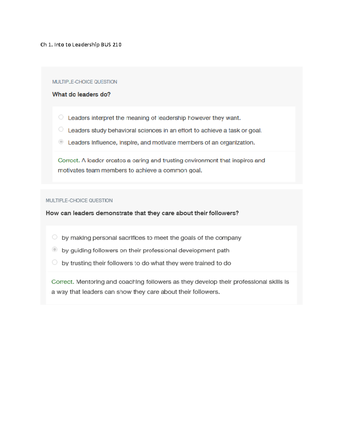 CH.1 Into to Leadership - Ch 1. Into to Leadership BUS 210 QUESTION ...