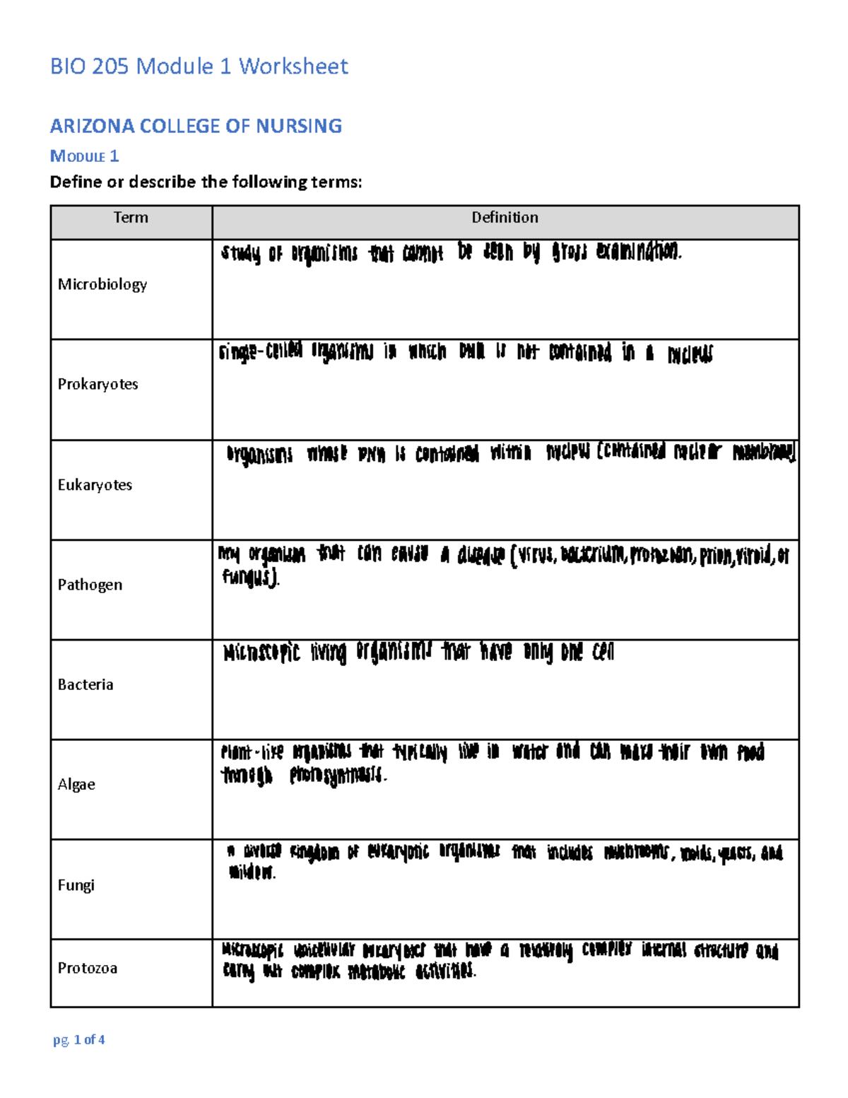 BIO 205 Module 1 Microbiology Worksheet and Definitions - Studocu