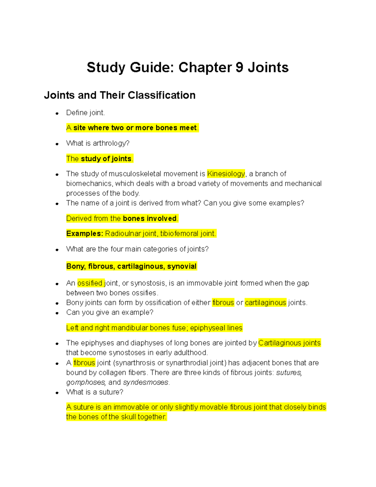 Study Guide: Chapter 9 - Joints & Their Classifications - Studocu