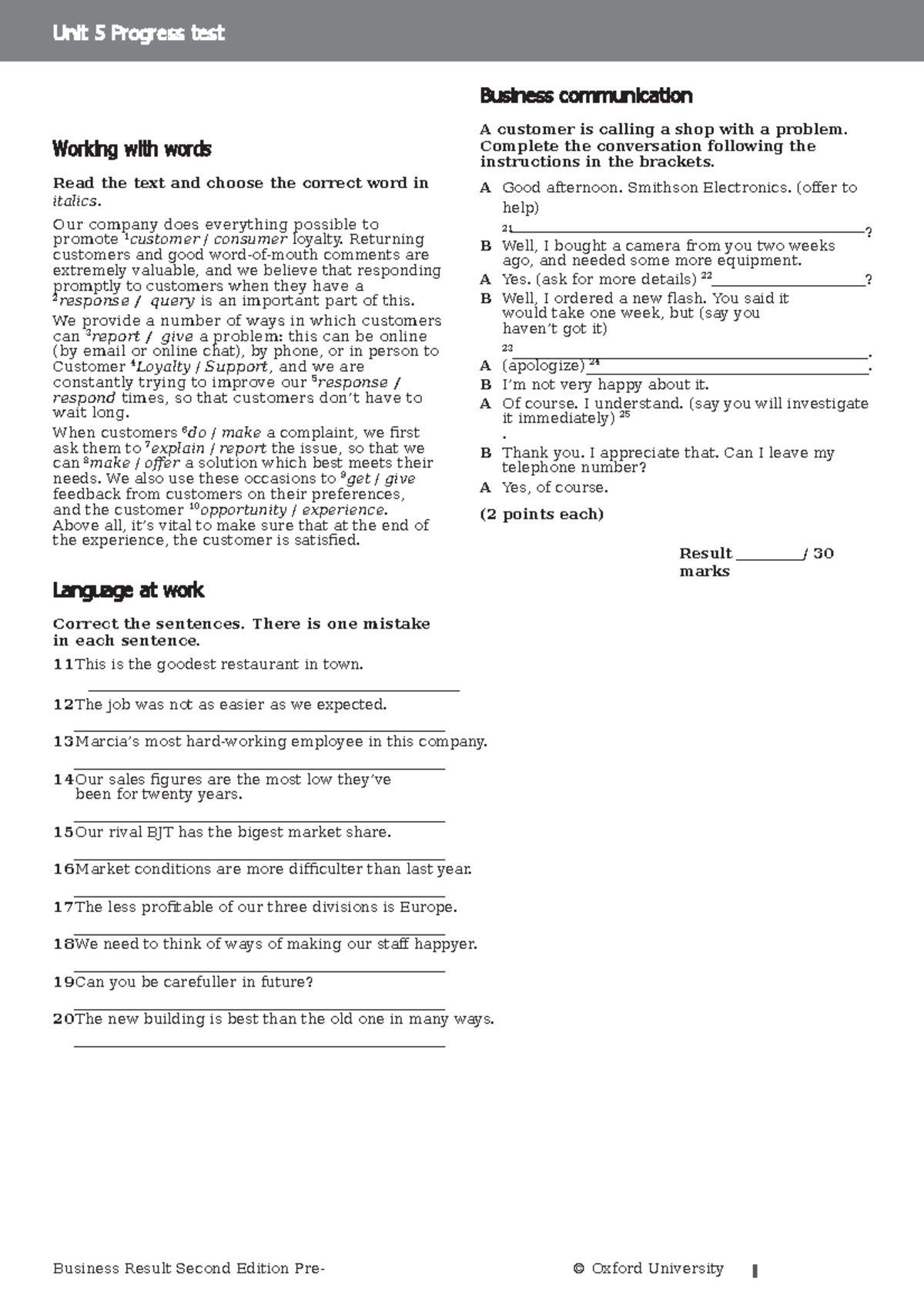 BR2e Pre-Intermediate Unit 5 Progress & Speaking Test Guide - Studocu