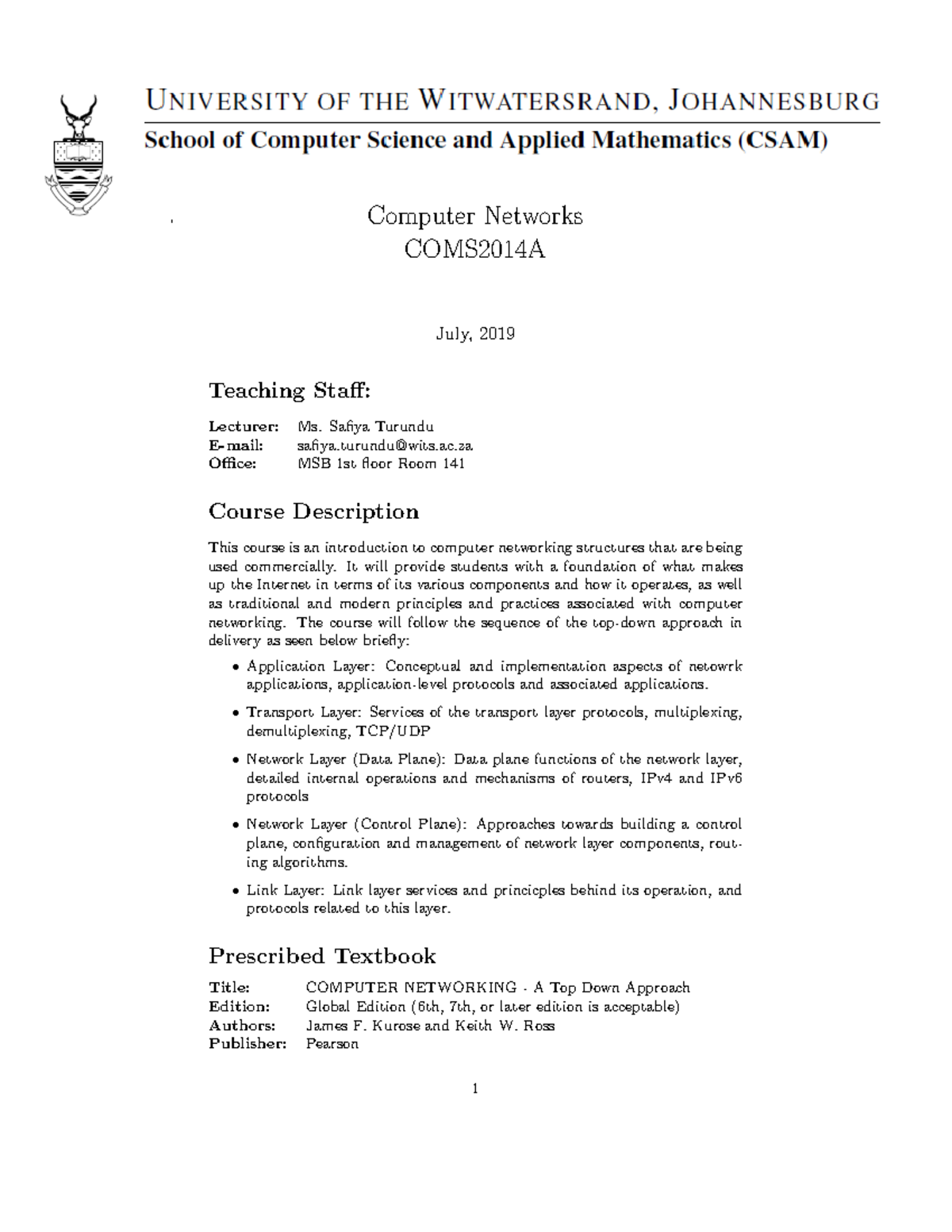 Course Outline - COMS2014A: Computer Networking July 2019 - Studocu