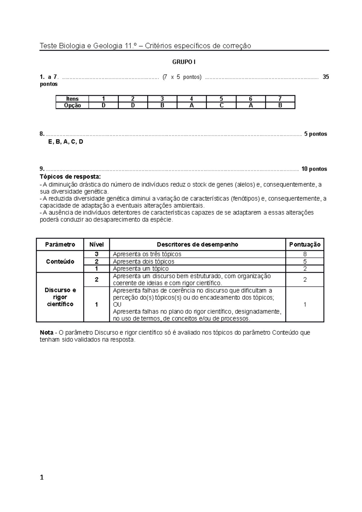 Teste BG11 CC - Critérios de Correção - Biologia e Geologia - Studocu