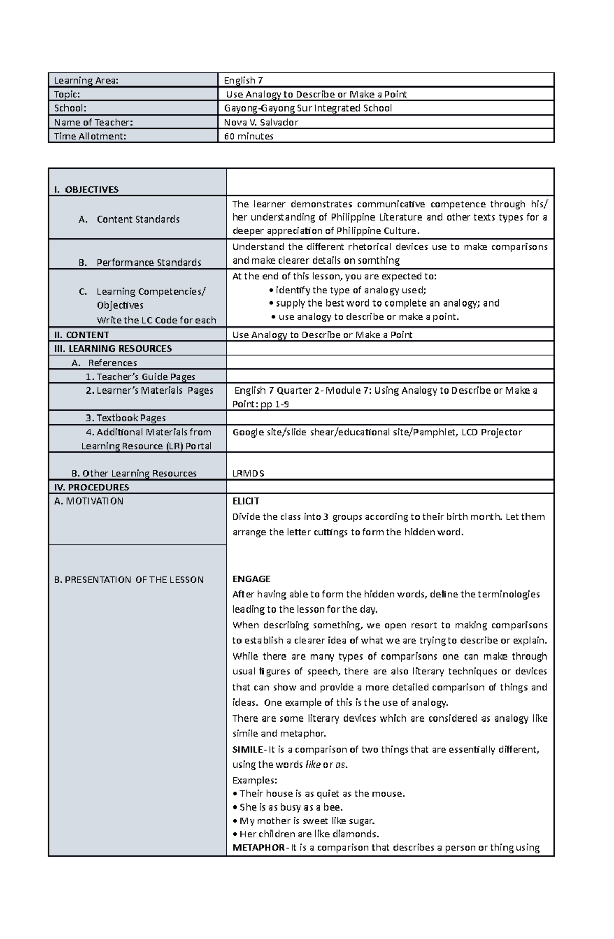 English 7 Lesson Plan: Using Analogy to Describe Ideas - Studocu