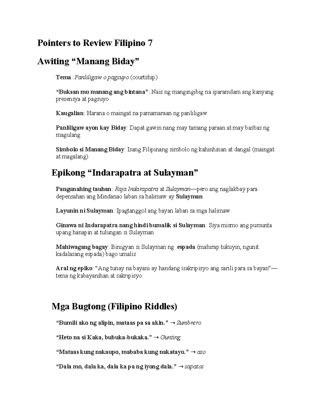 Filipino 7 Final Exam Review: Panliligaw, Epiko, at Kasabihan - Studocu