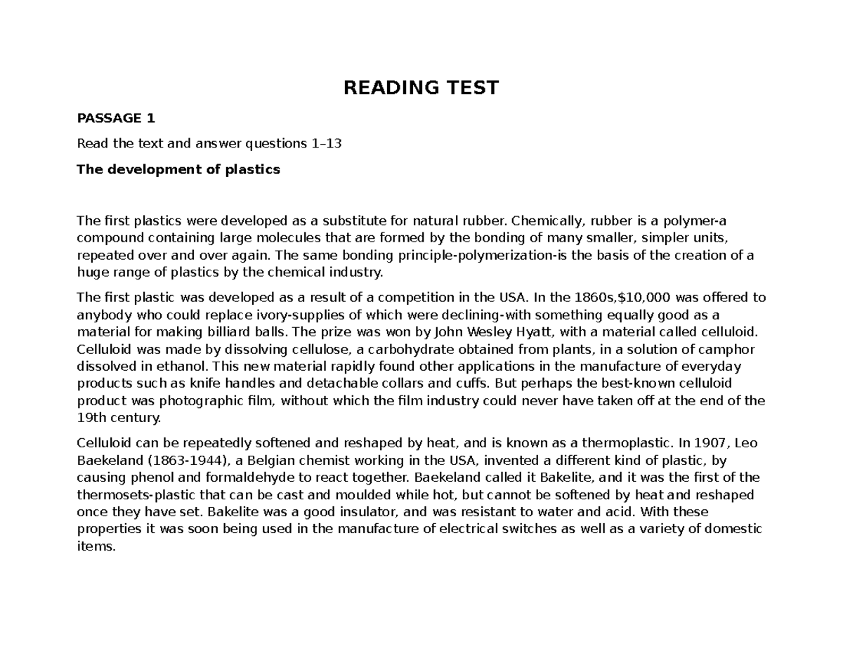 IELTS Reading Test Passage 1: The Development of Plastics - Studocu