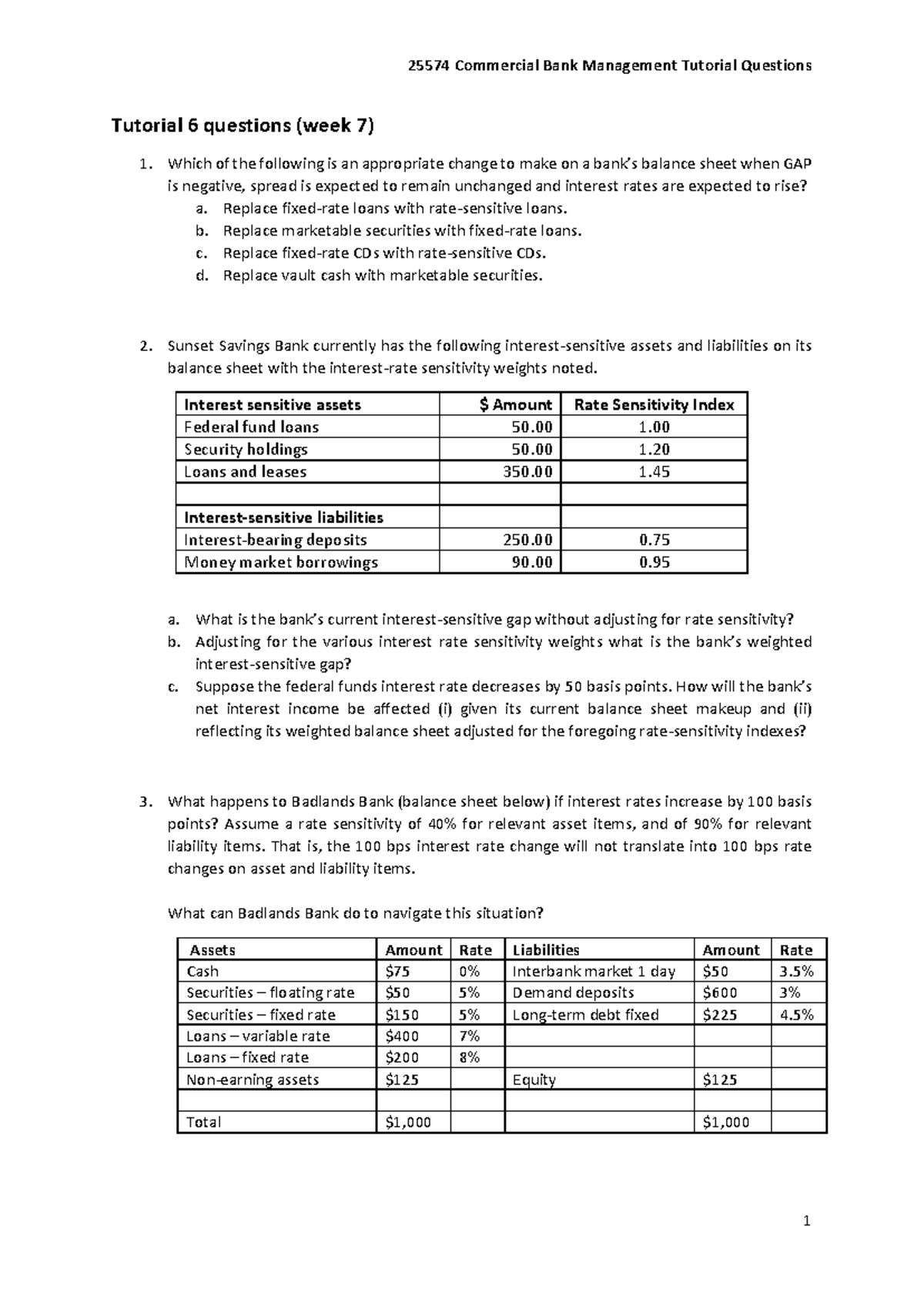 25574 Commercial Bank Management Tutorial 6 Questions & Answers - Studocu