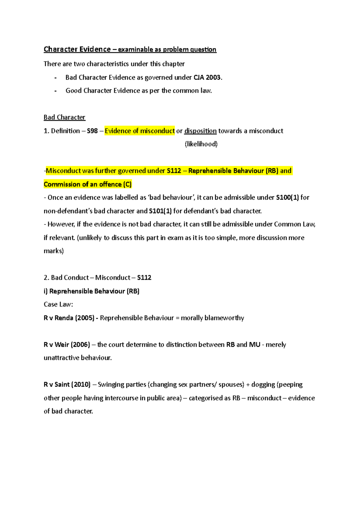 Lecture Notes on Character Evidence in Evidence Law (CJA 2003) - Studocu