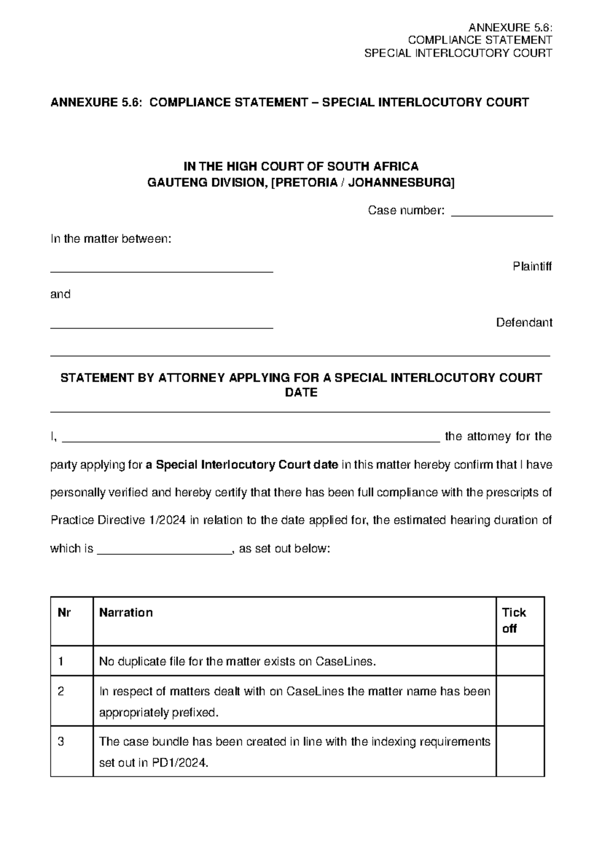 Annexure 5.6: Compliance Statement for Special Interlocutory Court ...