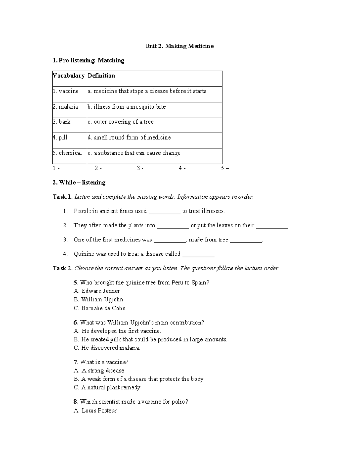 Unit 2: Listening Activities on Medicine Vocabulary and History - Studocu