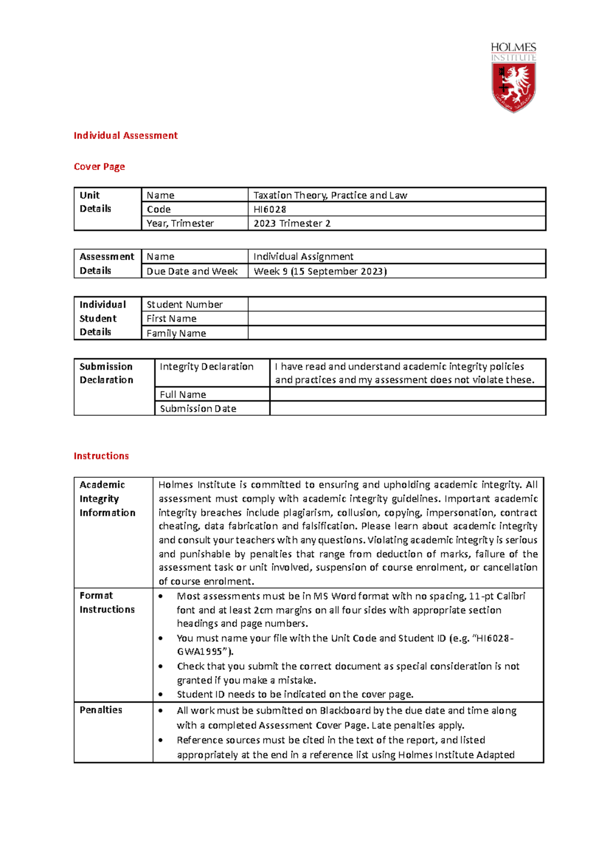 HI6028 2023 T2 Indevidual Assignment - Individual Assessment Cover Page ...