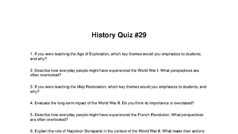 History Quiz 29: Key Themes in Major Historical Events - Studocu