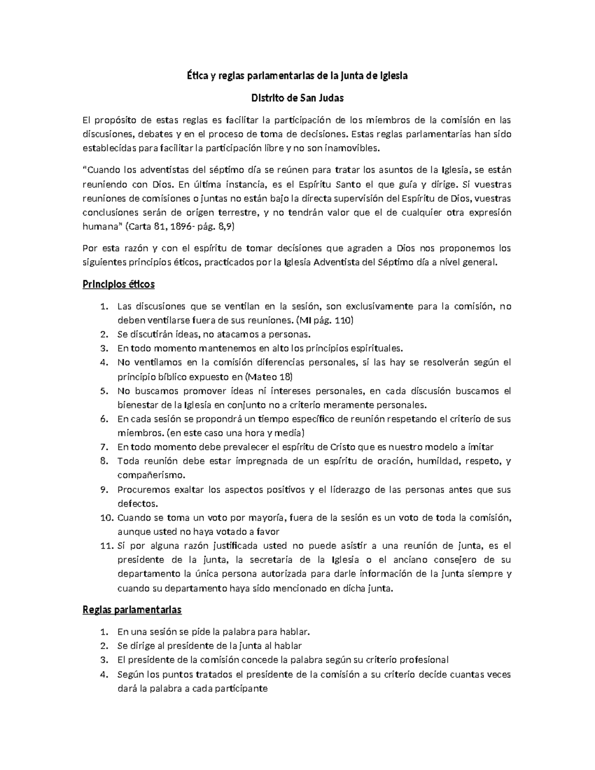 Ética y Reglas Parlamentarias de la Junta de Iglesia - San Judas - Studocu