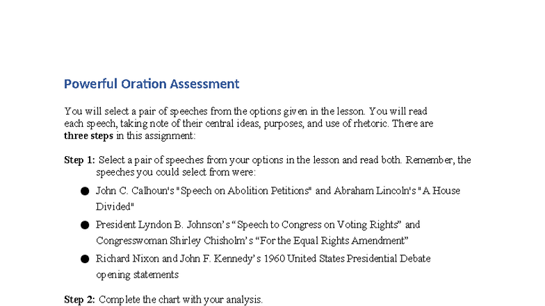 ENG 202 Powerful Oration Assessment: Speech Analysis and Reflection ...