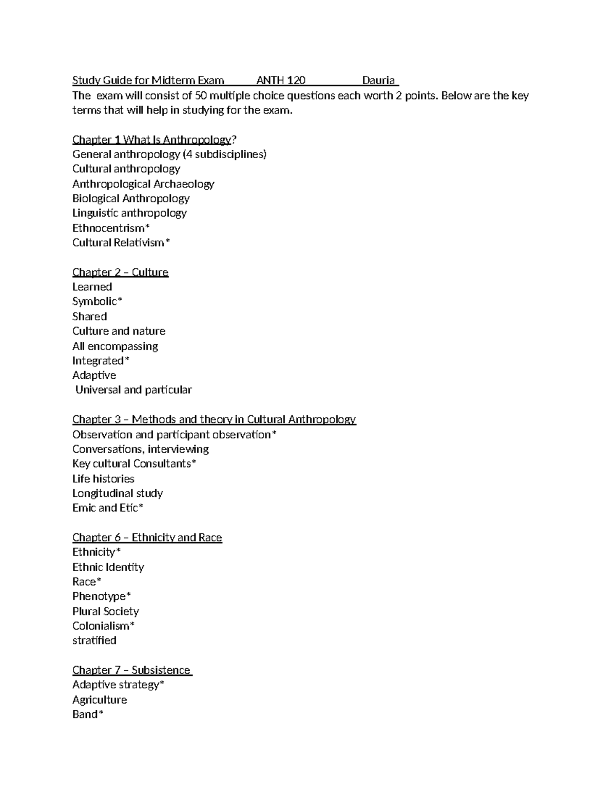 Midterm Exam Study Guide: ANTH 120 Key Terms & Concepts - Studocu