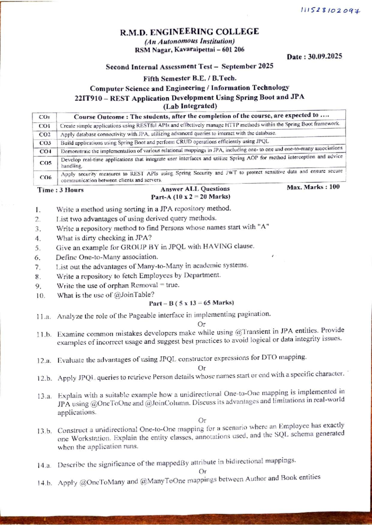 22IT910 Second Internal Assessment Test: REST App Dev Using Spring Boot ...