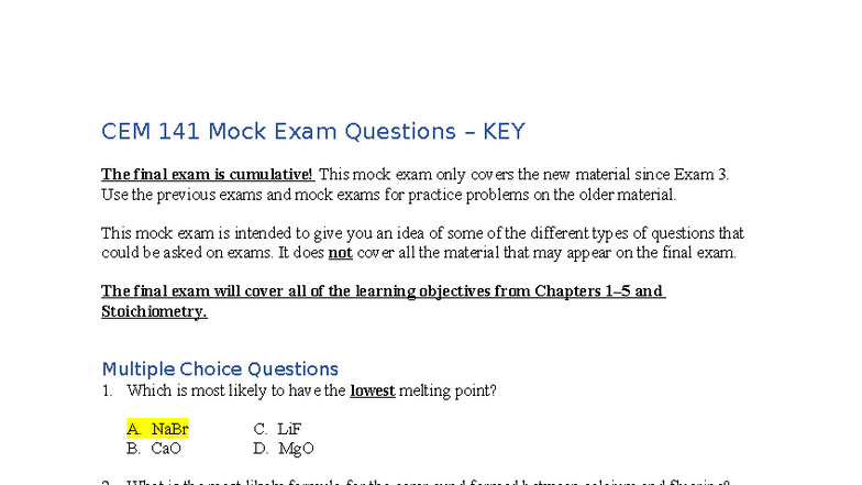 CEM 141 Final Exam Mock Questions KEY - Studocu