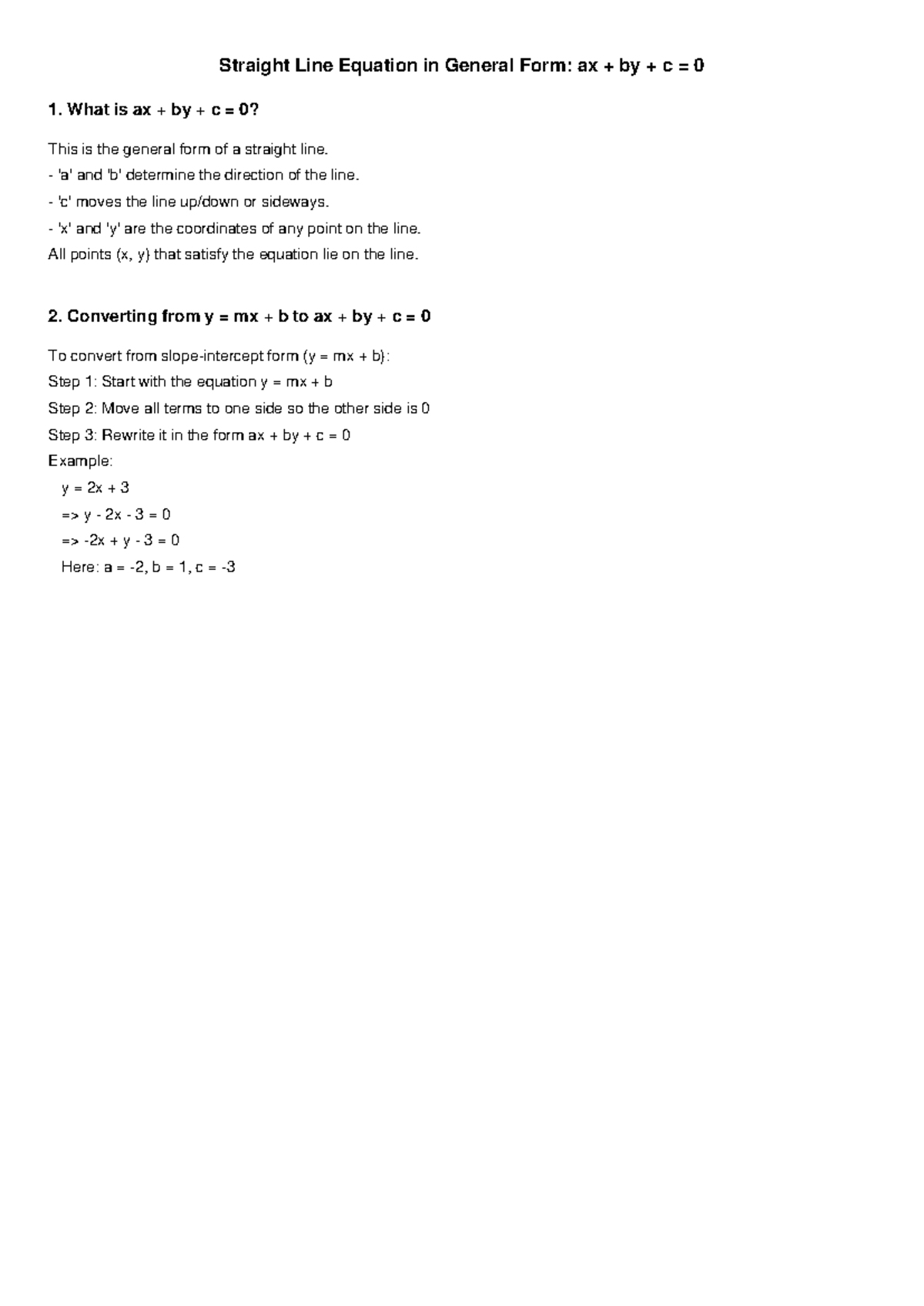 Equation Notes: Straight Line in General Form (ax + by + c = 0) - Studocu