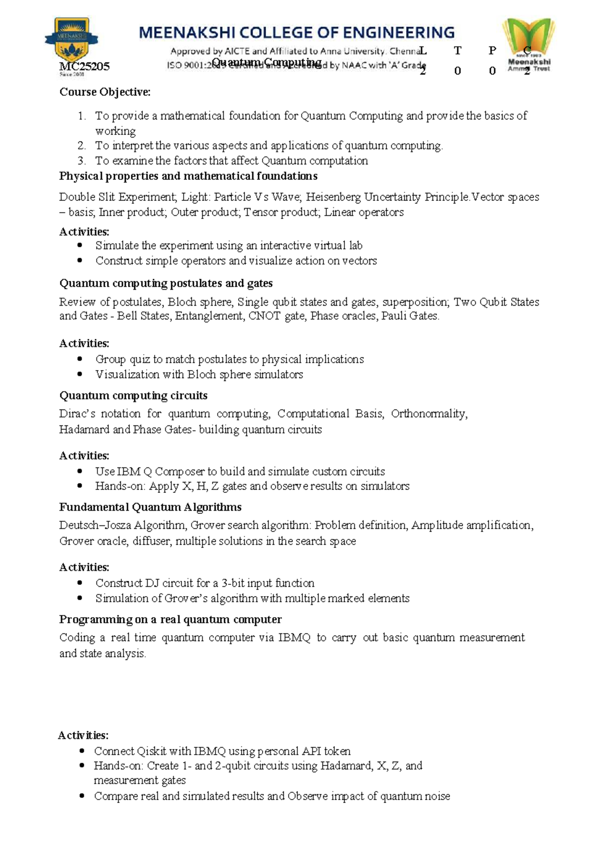 MC25205 Quantum Computing Syllabus and Course Overview - Studocu