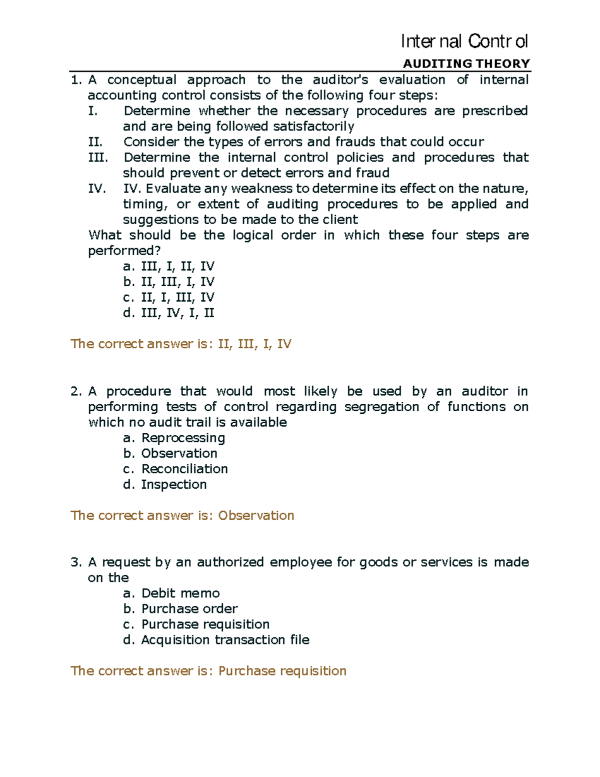 (AUD THEO) Internal Control Practice Test - AUDITING THEORY A ...