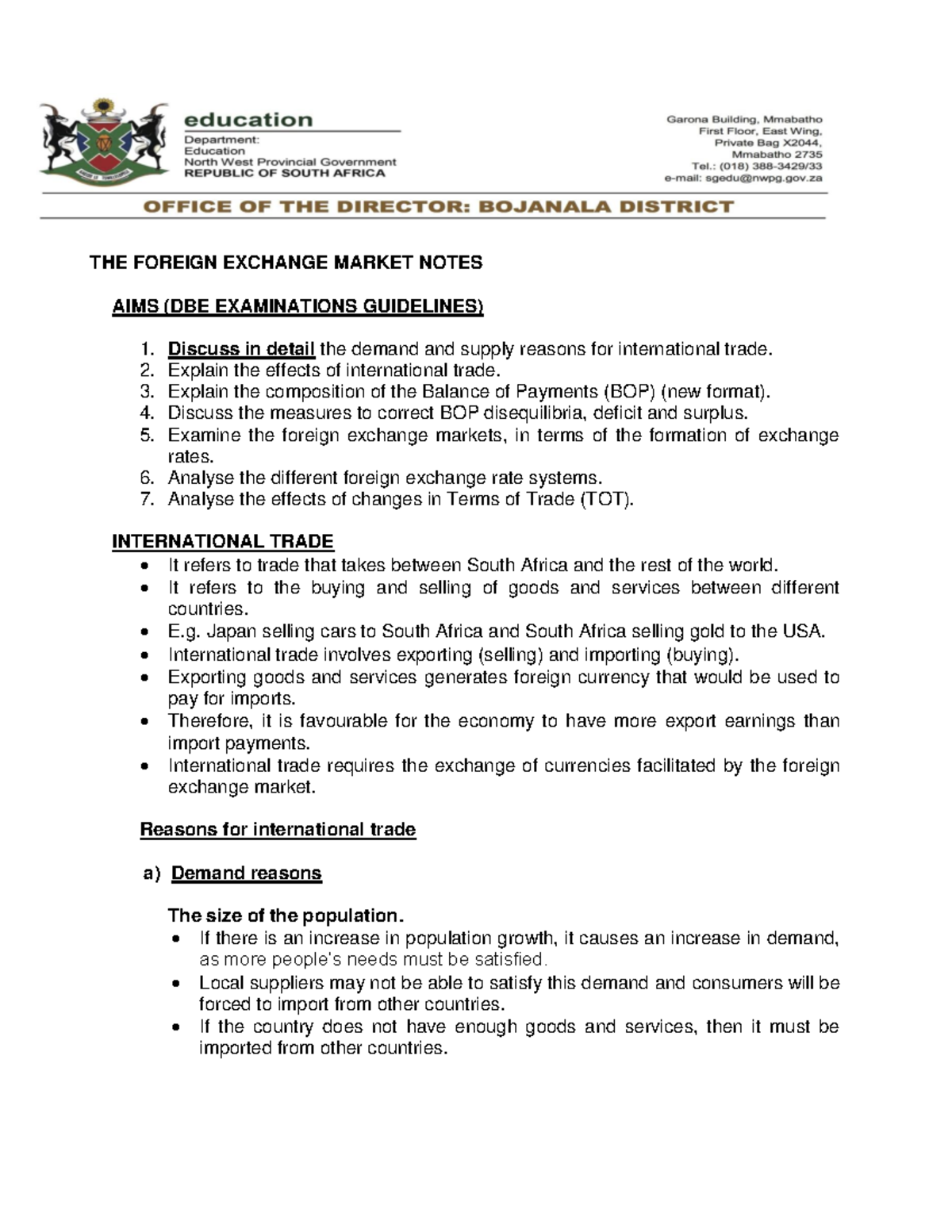 2024 GR12 Notes on Foreign Exchange Markets and International Trade ...
