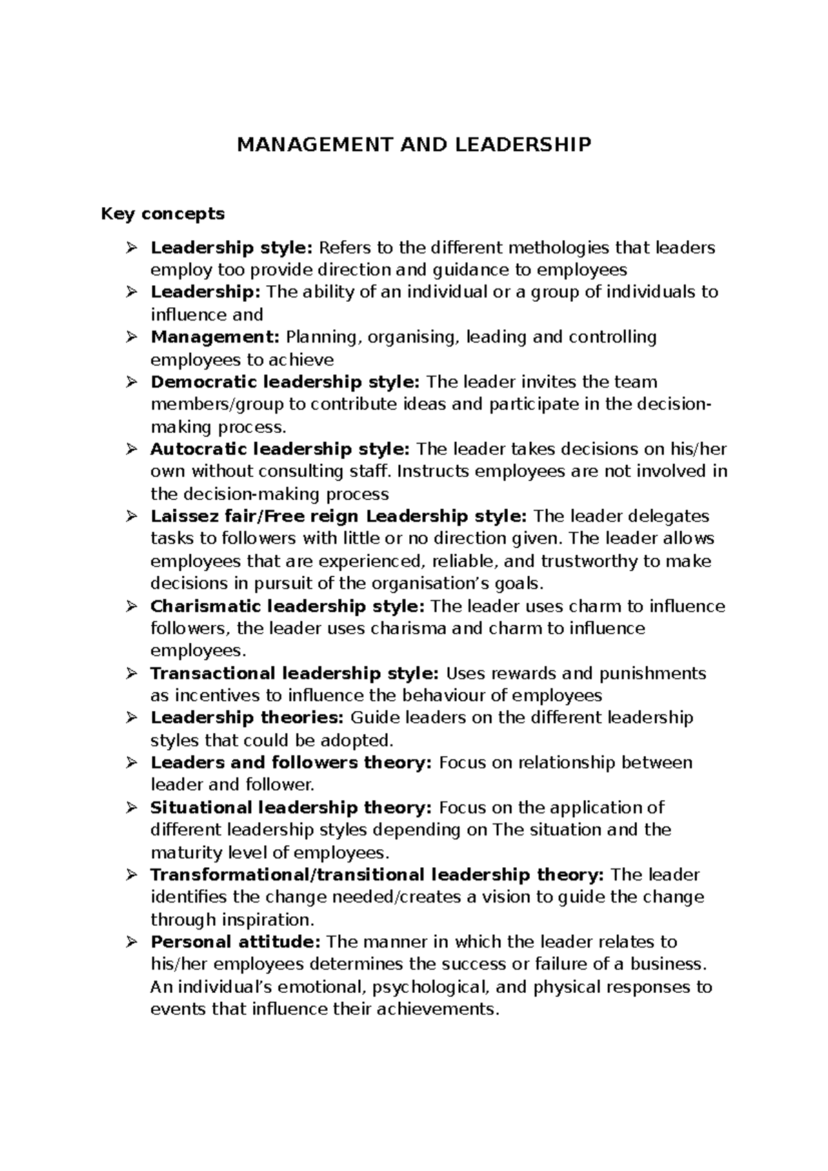 Business Studies 5: Management and Leadership Concepts and Styles - Studocu