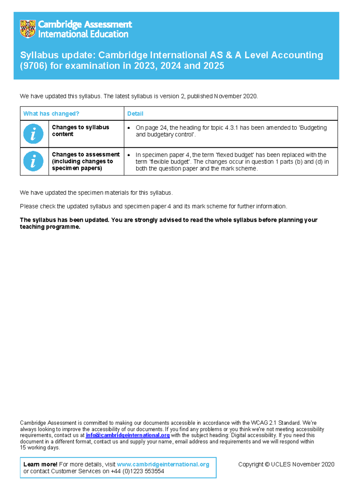 Syllabus Update for Cambridge International AS & A Level Accounting ...