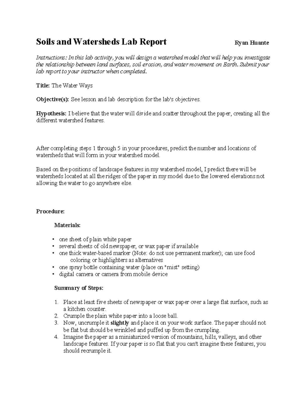 Soils and Watersheds Lab Report (SC 101) - Model Design & Findings ...