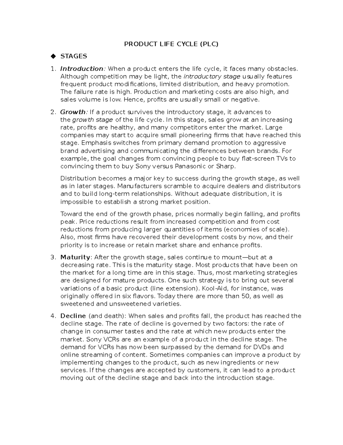 Product LIFE Cycle - NOTES - PRODUCT LIFE CYCLE (PLC) STAGES ...